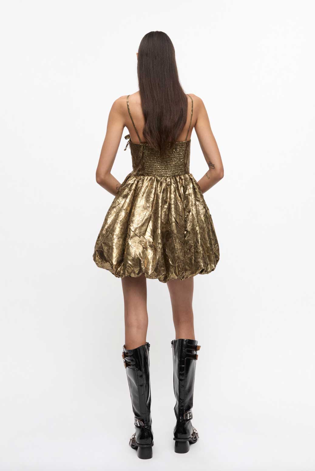 Rent Ganni Gold Pleat Strap Mini Dress | Rites Rental & Resale