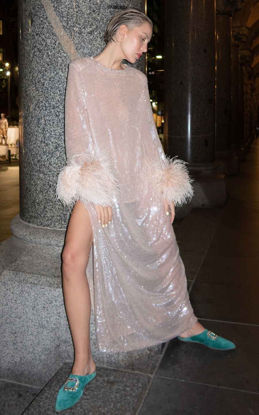 Rent Rachel Gilbert Pink Xanthy Feather-Trimmed Gown | Rites London