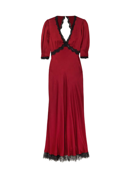 Rent Rixo Gabrielle Lace Trimmed Red Midi Dress | Rites London